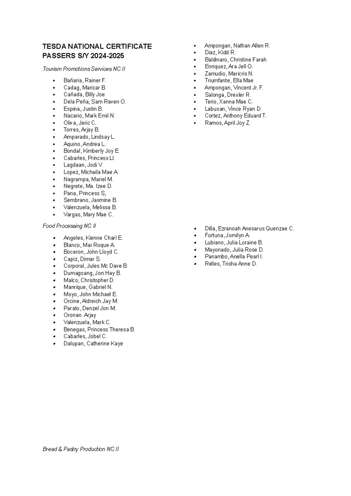 TESDA NC II Passers: Tourism, Food Processing & Bread Pastry - Studocu