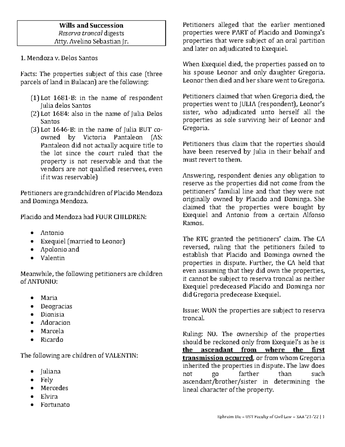 Wills and Succession: Reserva Troncal Case Digests (Law 101) - Studocu