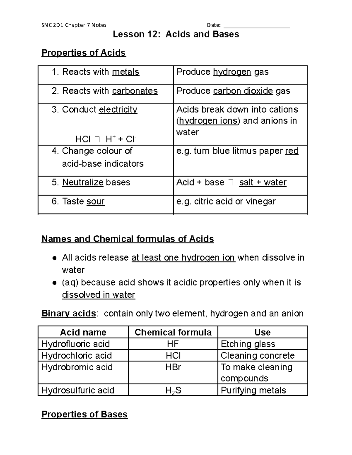 SNC 2D1 Chemistry Unit 1 Chapter 7: Acids, Bases, and pH Scale Notes ...