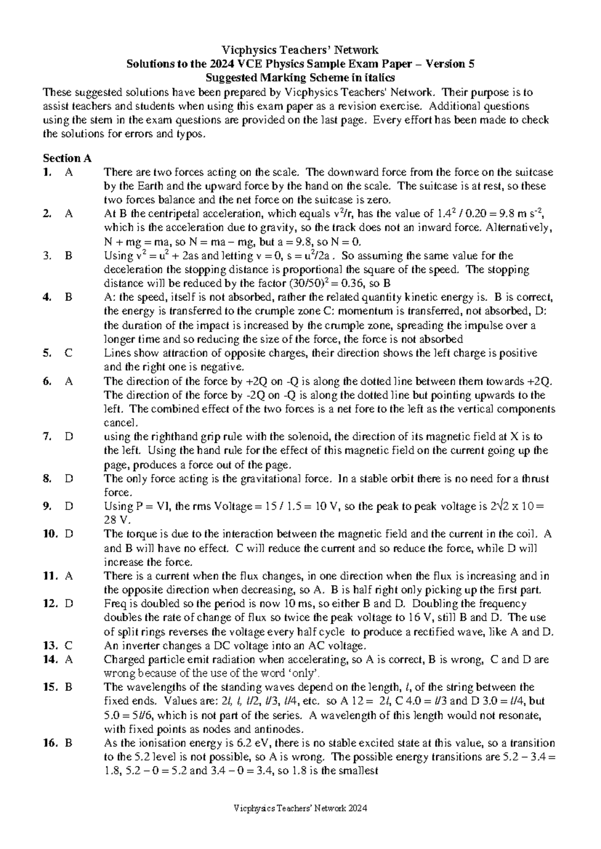 Vicphysics Network 2024 Solutions to VCE Physics Sample Exam Paper ...