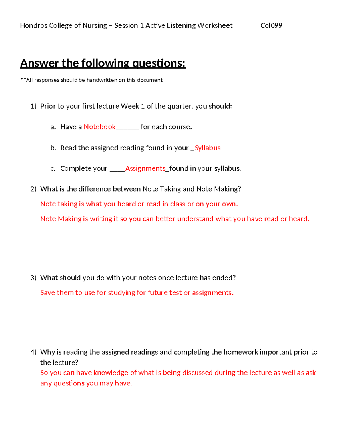 COL099 Session 1 Active Listening Worksheet and Guidelines - Studocu