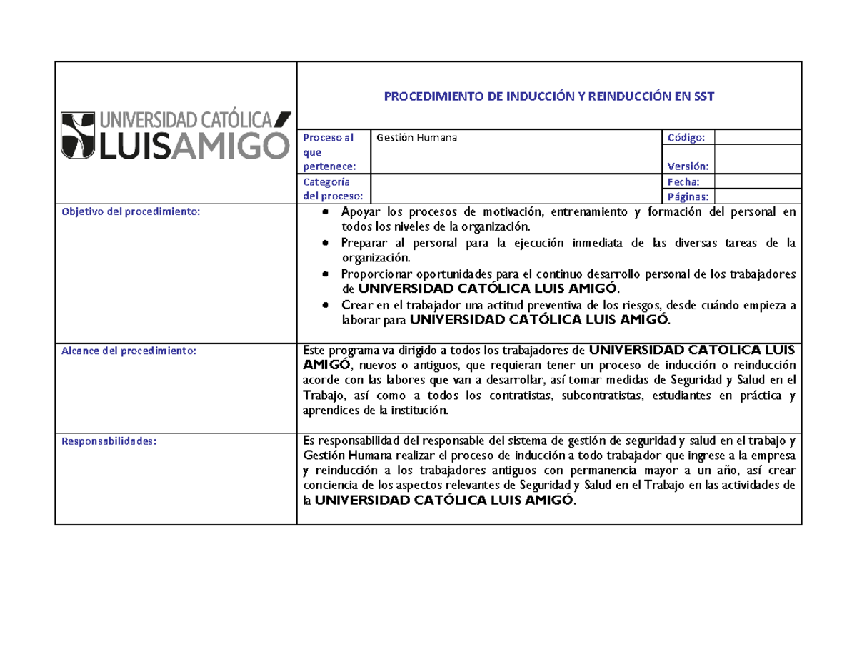 4 Procedimiento induccion y reinduccion - PROCEDIMIENTO DE INDUCCI”N Y REINDUCCI”N EN SST ...