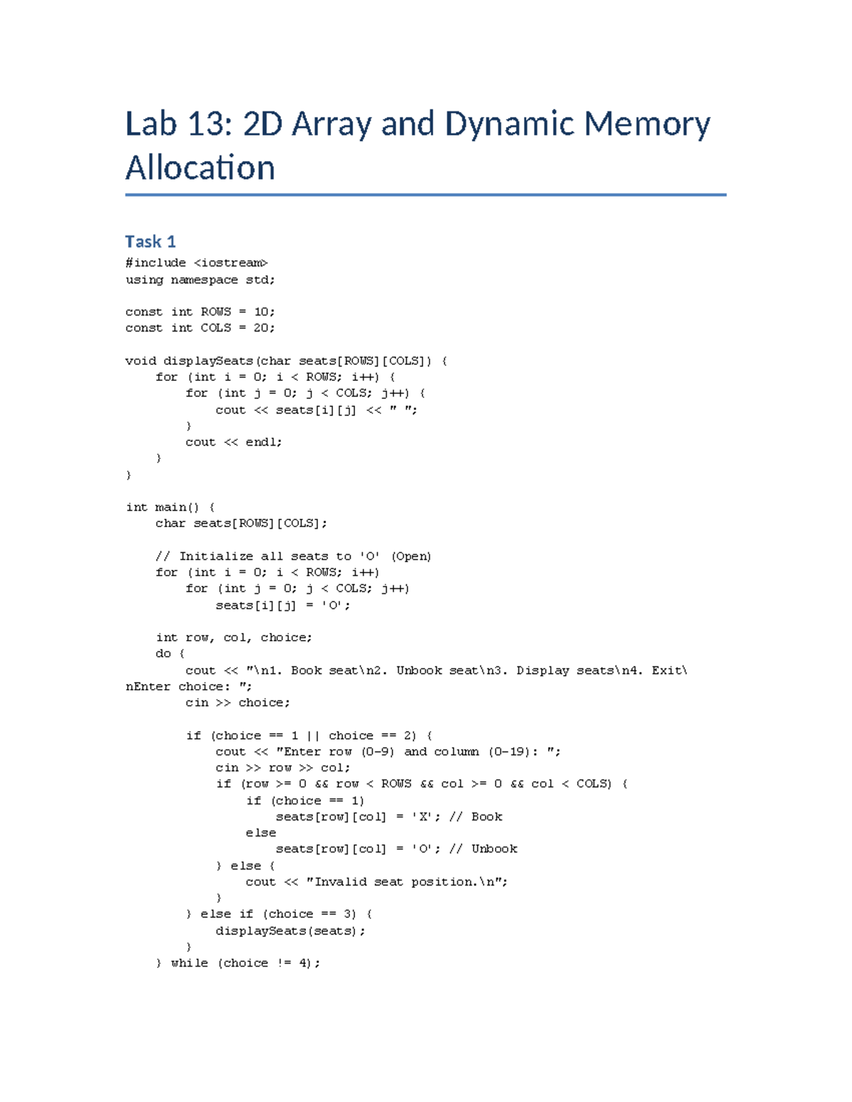 Lab 13: 2D Arrays & Dynamic Memory Allocation Tasks with Output - Studocu