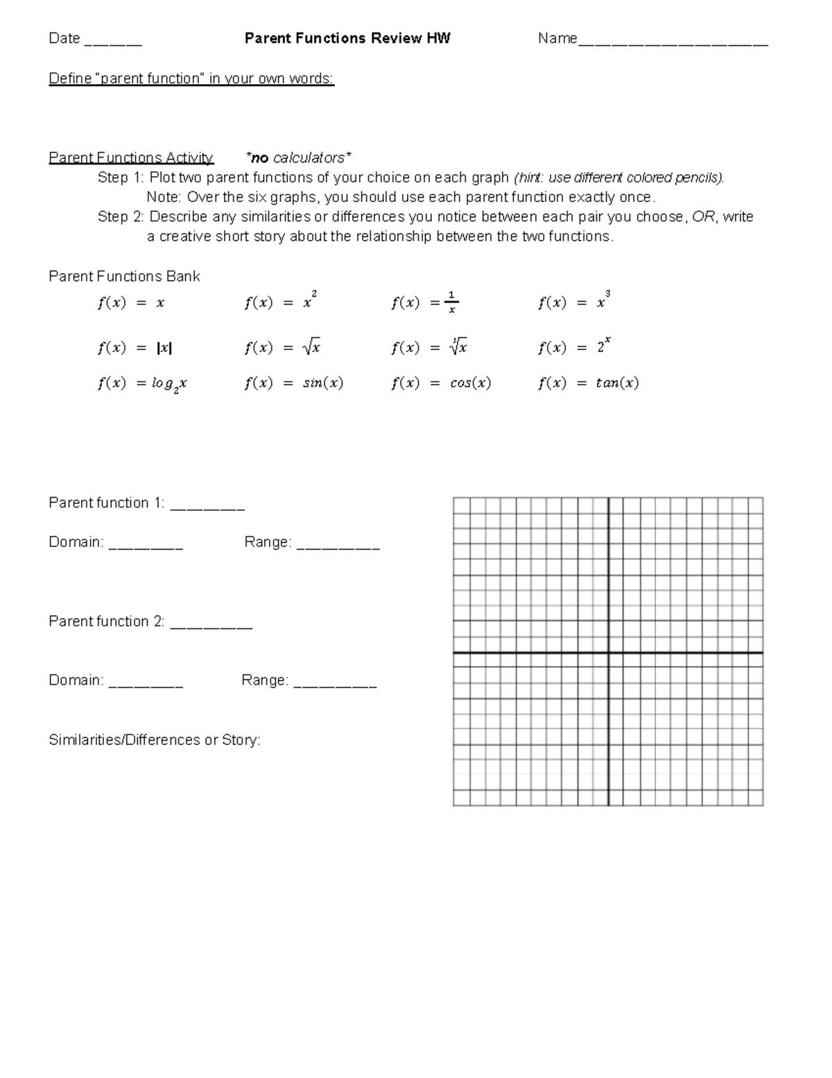 01 - HW - Parent Functions Review: Exploring Relationships and Graphs ...