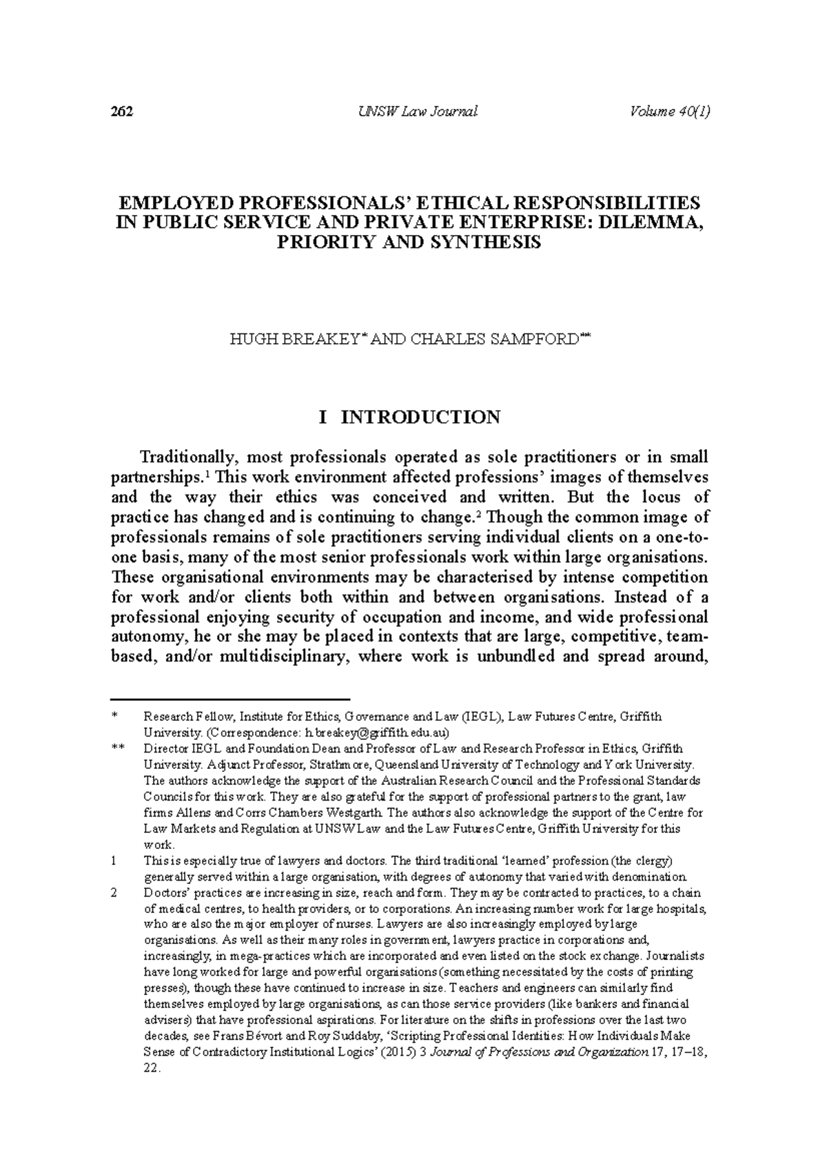UNSW Law Journal Vol 40(1): Ethical Responsibilities of Employed ...