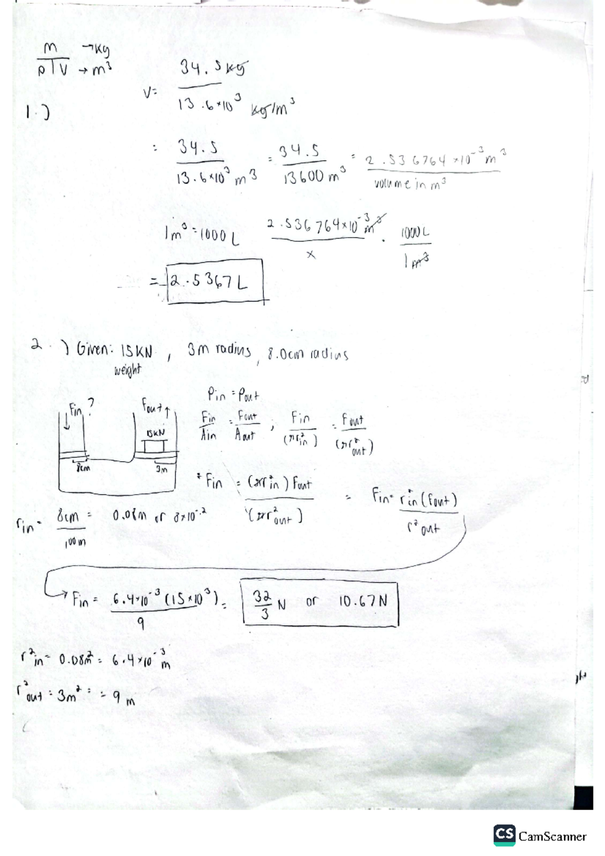 Seatwork 1 - Physics - College Physics 2 - m T V m3 34 1.) 34 34 13 m3 13600 m3 volume in m3 1m ...