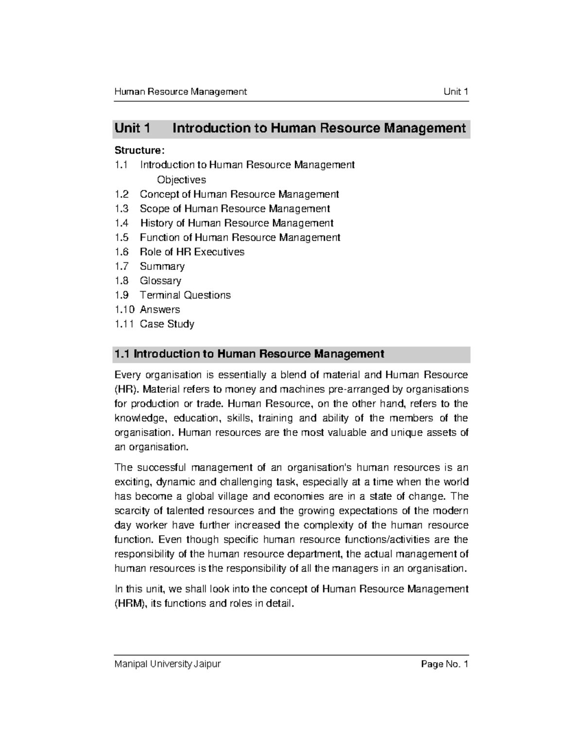 Unit 01 - Introduction to Human Resource Management - Unit 1 ...