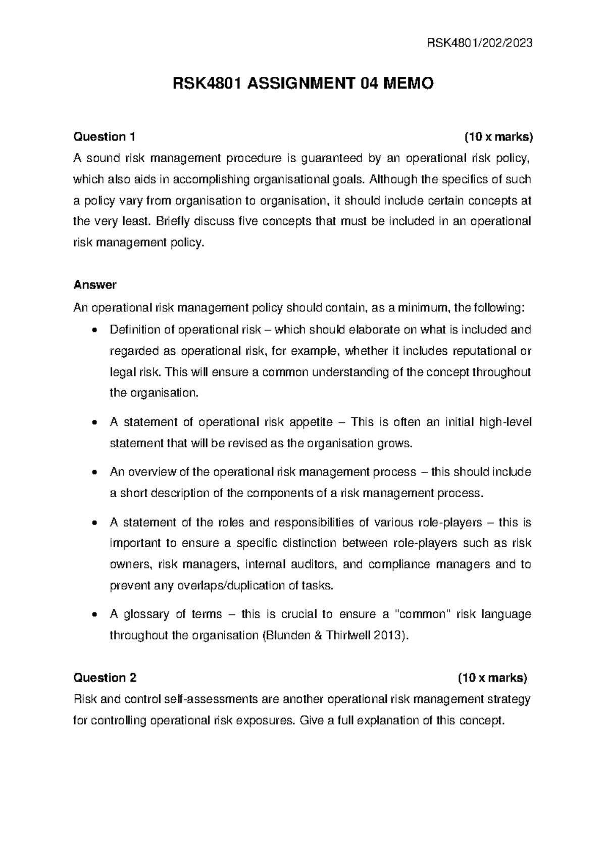 RSK4801 Assignment 04 Memo: Key Concepts in Operational Risk Management ...