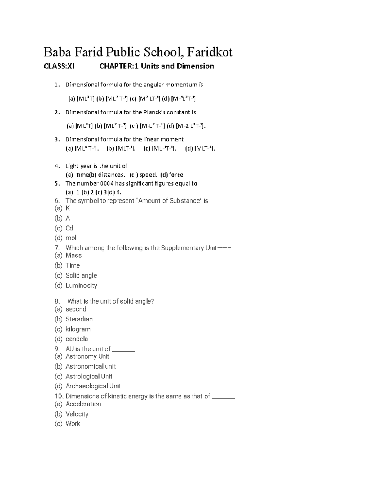 11th CLASS CHAPTER 1: Units and Dimensions Study Notes - Studocu