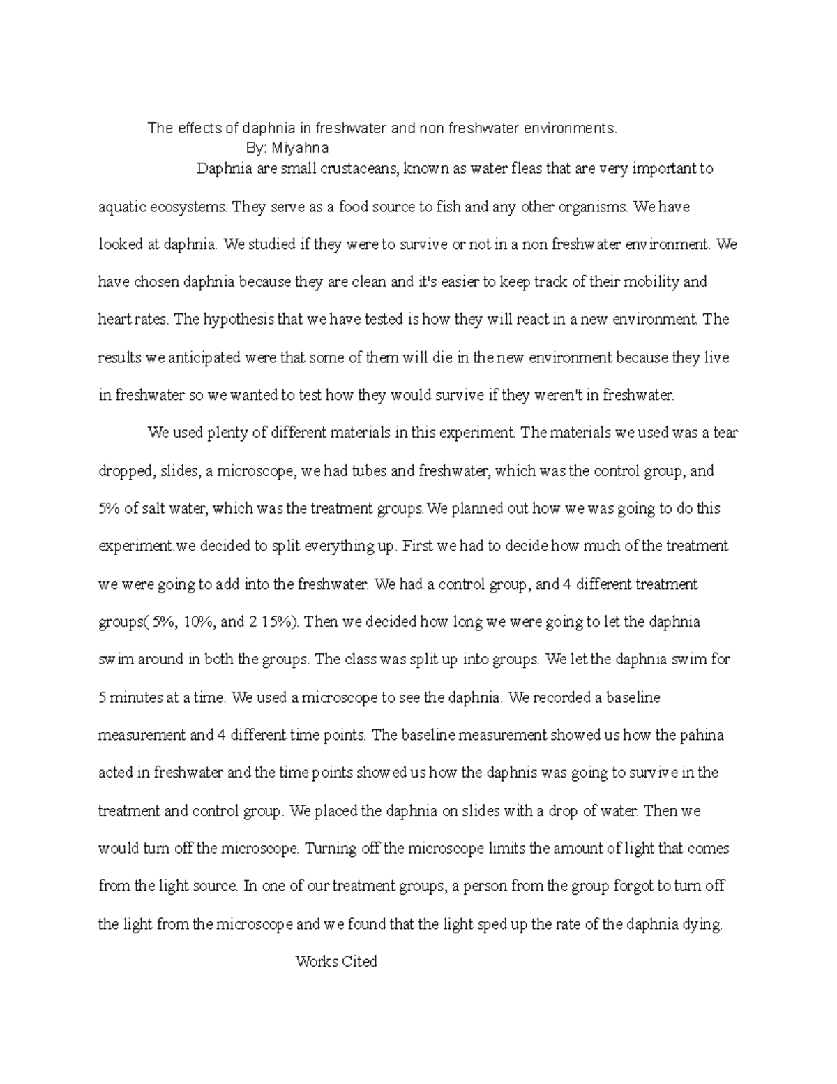 Lab Assignment - Effects of Daphnia in Freshwater vs Non-Freshwater ...
