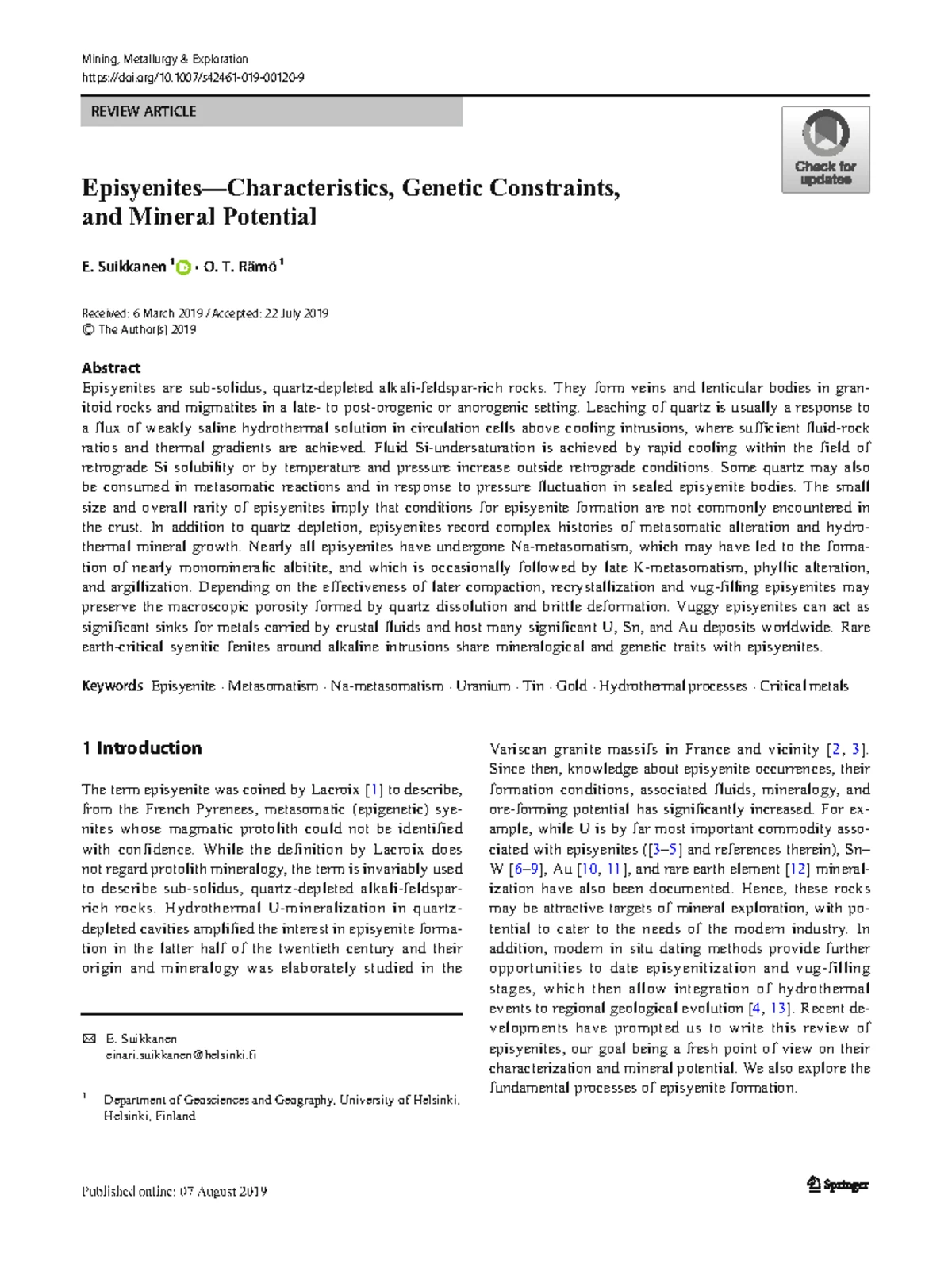 Episyenites: Genetic Constraints and Mineral Potential in Mining ...