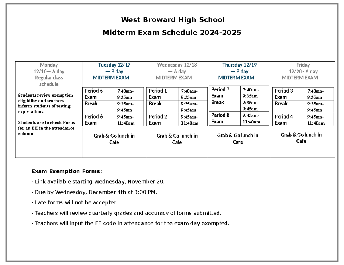 Midterm exam exemption schedule 2024 25 - West Broward High School Midterm Exam Schedule 2024 ...