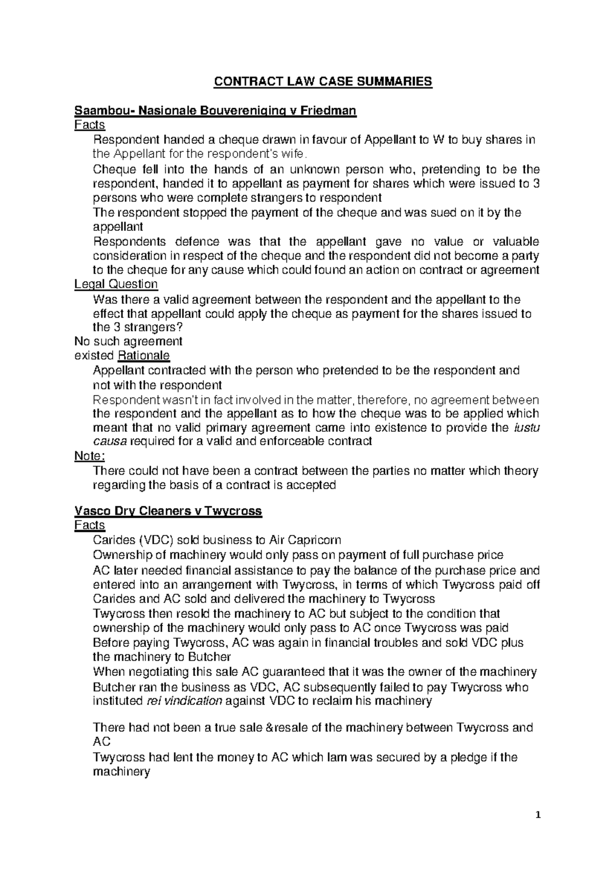 Contract LAW Case Summaries: Key Judicial Insights and Rulings - Studocu