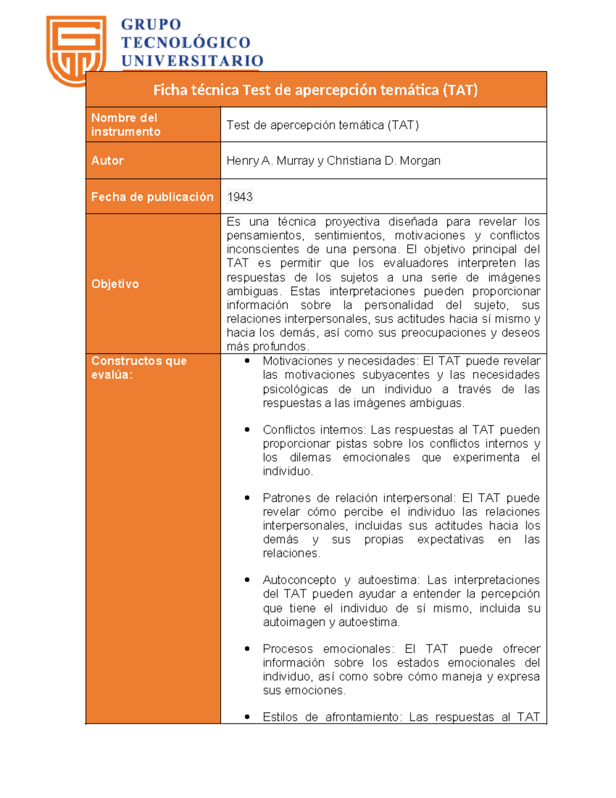Ficha técnica del Test de Apercepción Temática (TAT) - Psicología 80517 ...