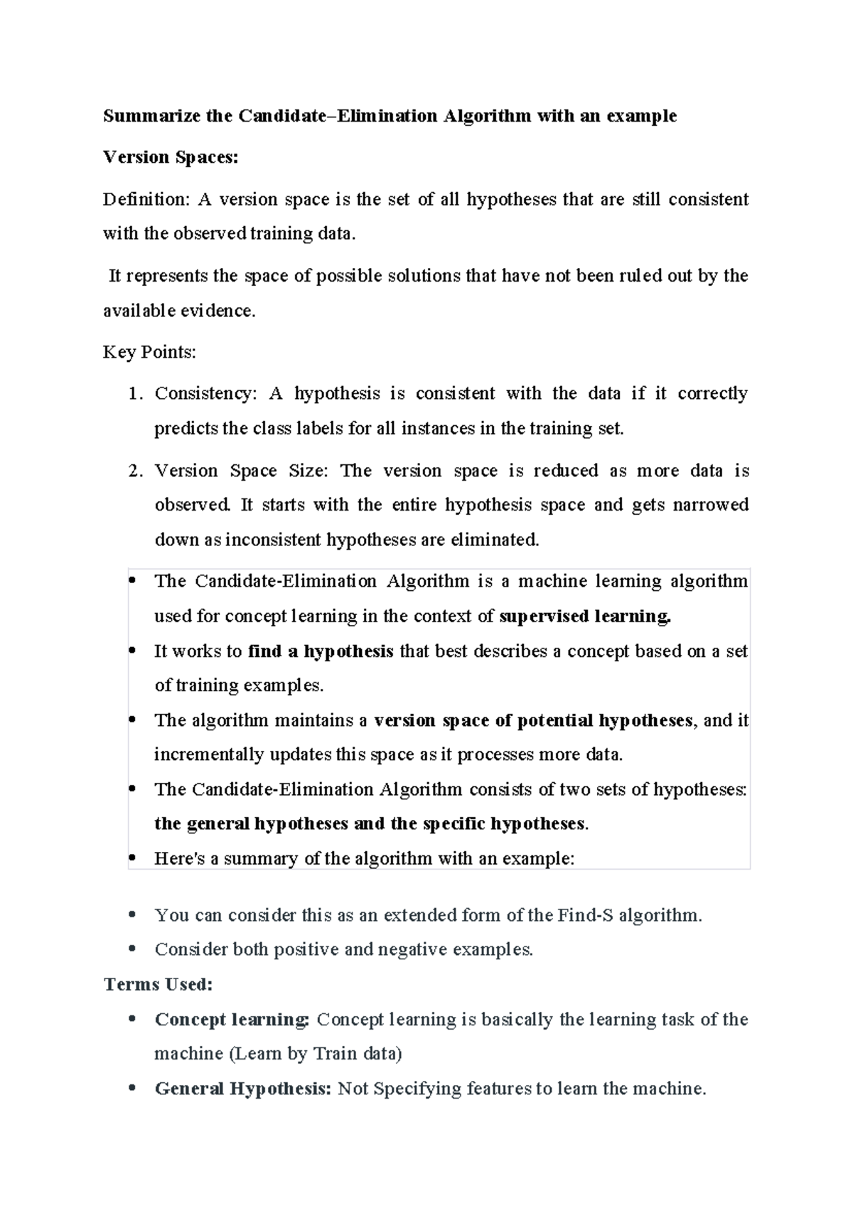 Summarize the Candidate Elimination Algorithm (CEA) for ML Concepts ...