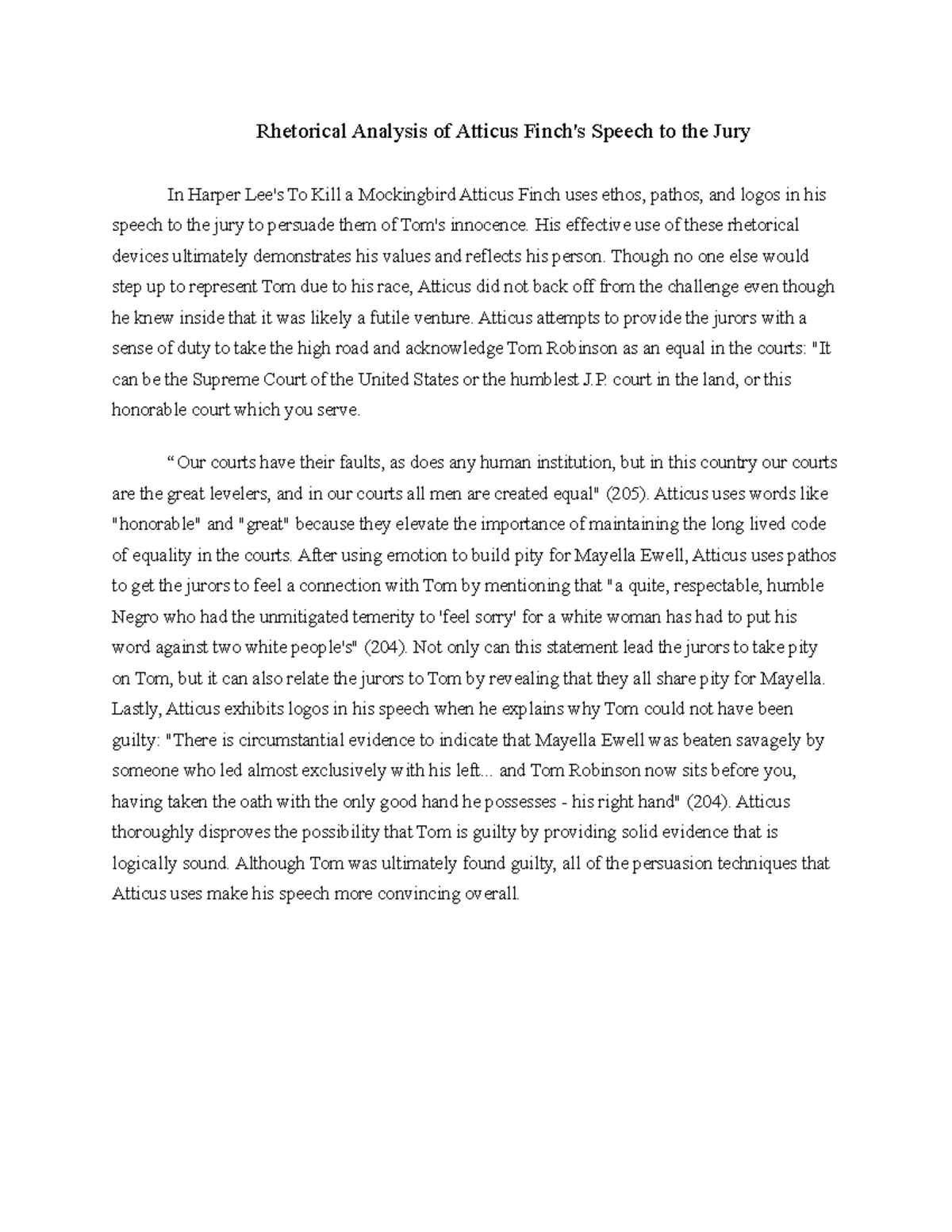 Rhetorical Analysis of Atticus Finch's Jury Speech in TKAM - Studocu