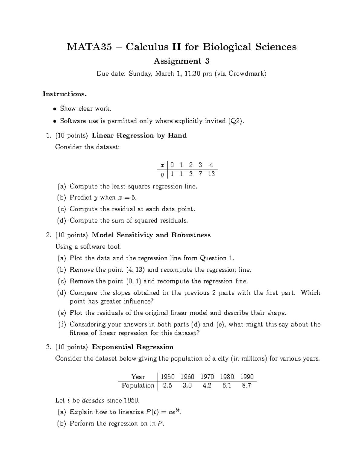MATA35 Winter 2026 Calculus II Assignment 3: Regression & Analysis ...