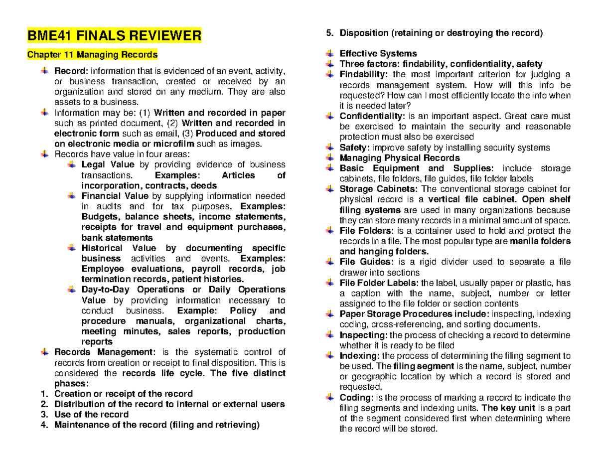 BME 41 Final Exam Review - Chapters 11 to 14 Summary - Studocu