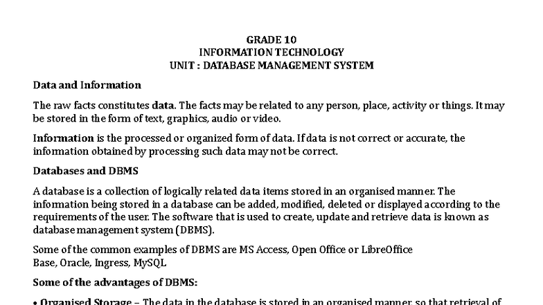 Grade 10 IT: Database Management System Notes - Studocu