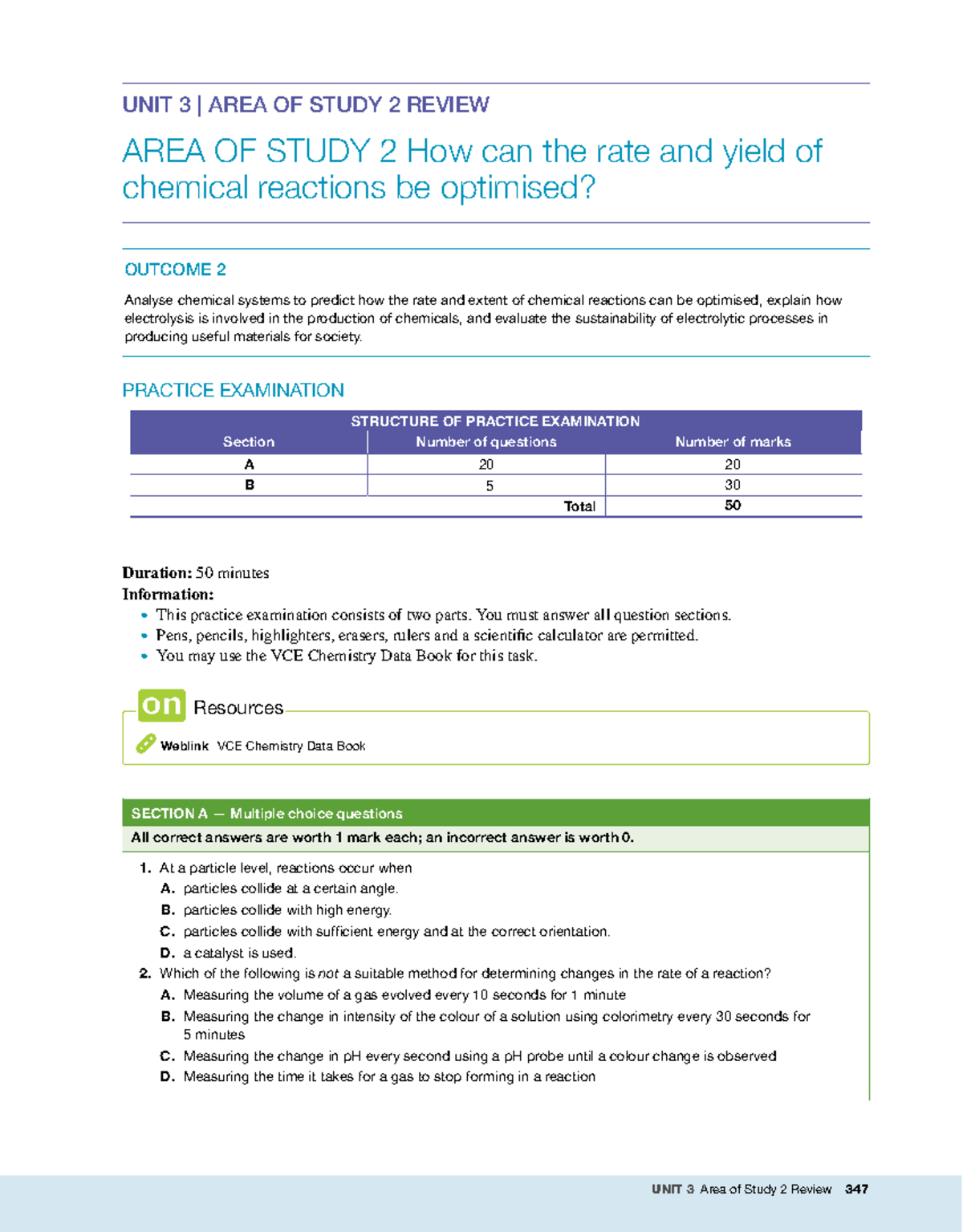 Jacaranda Practice Exam VCE Chemistry U3 AOS2: Optimising Reactions ...