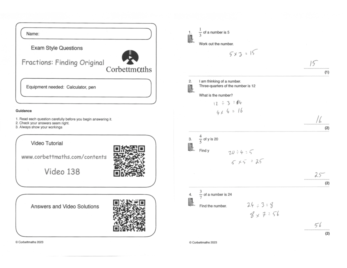 Given the fraction find the whole Answers - 1 Name: 1. of a number is 5 ...