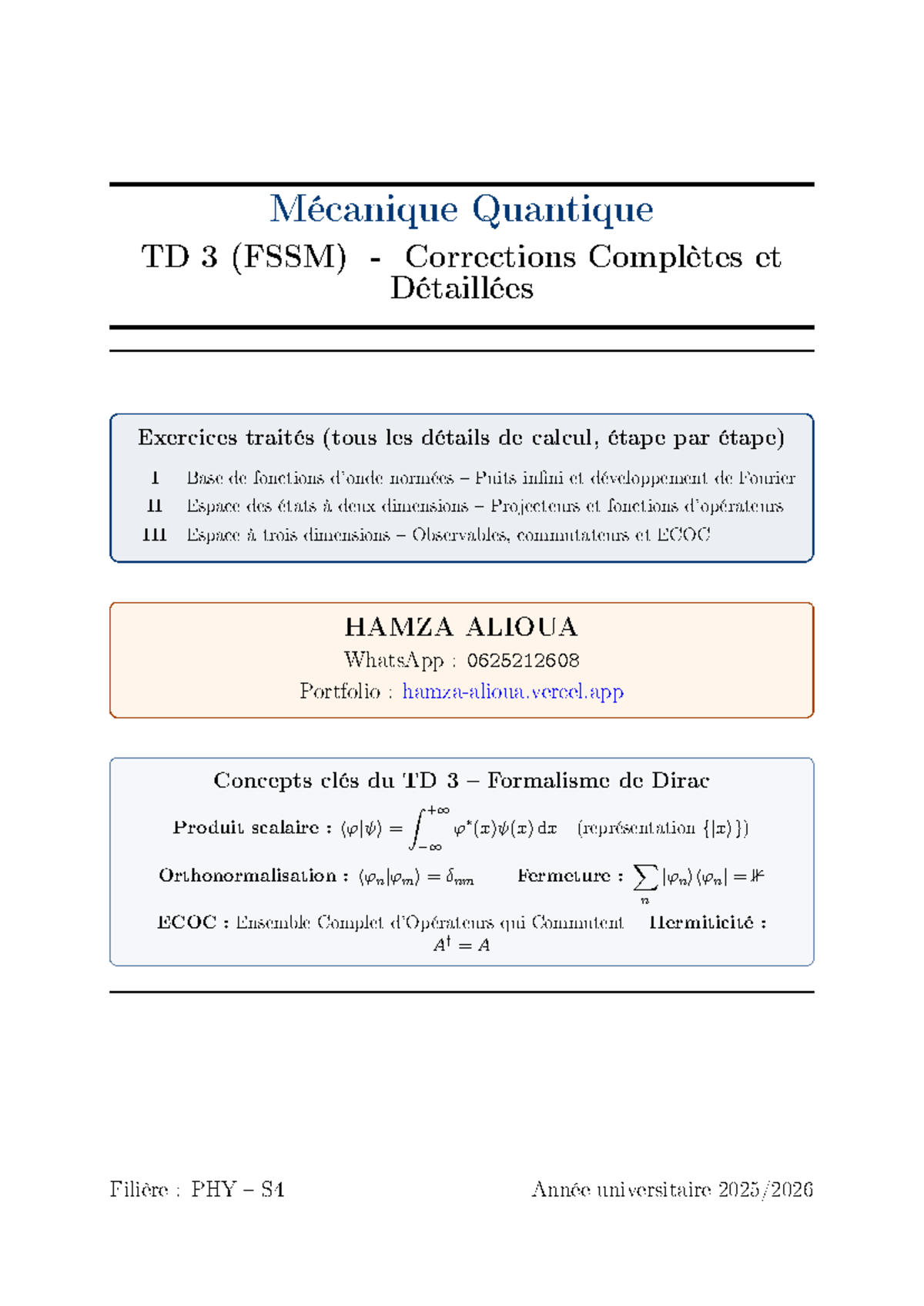 Correction TD 3 Mécanique Quantique (FSSM) - Détails et Exercices ...