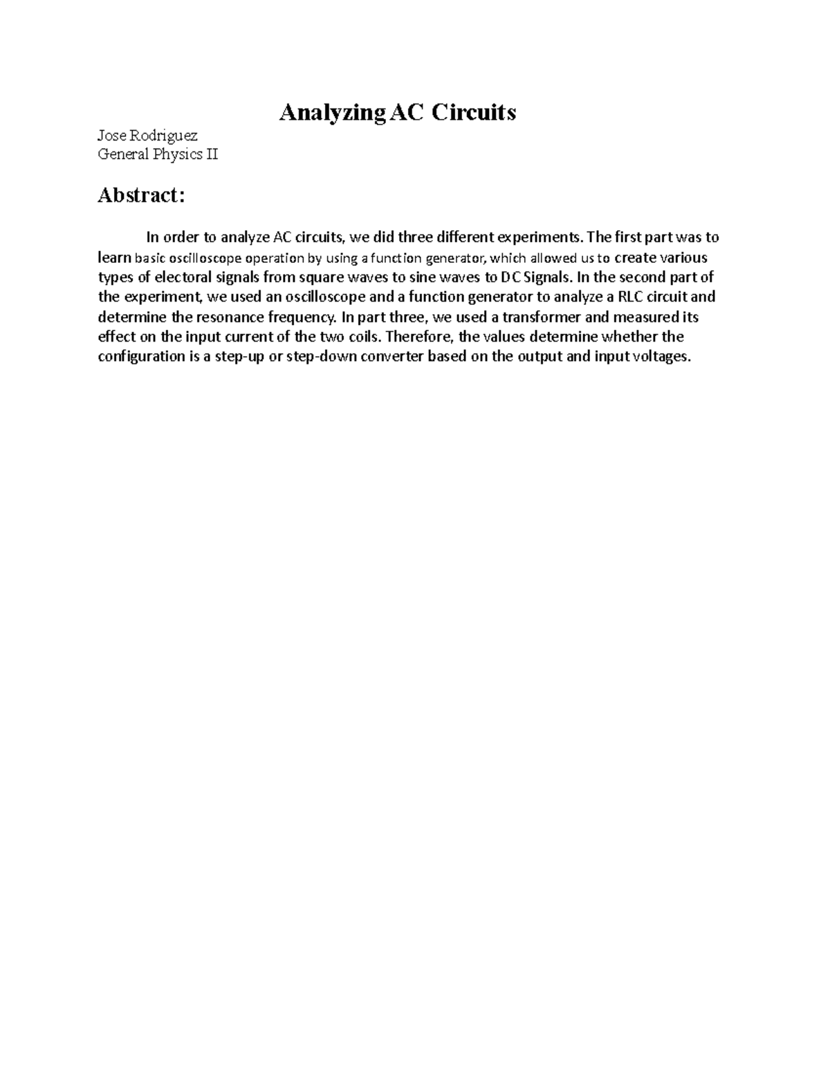 AC Circuit Analysis Lab Report - General Physics II - Studocu