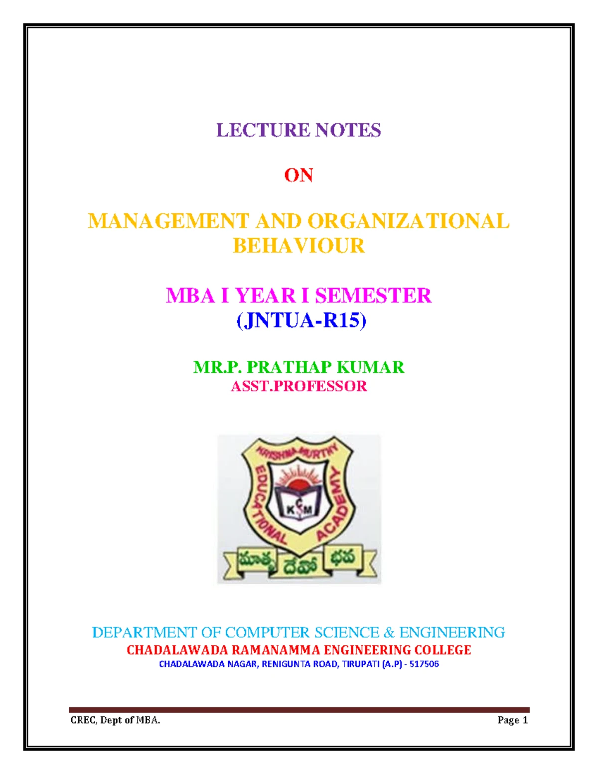 MCOB UNIT-1 - MCOB Unit 1 - Management Concept And Organizational ...