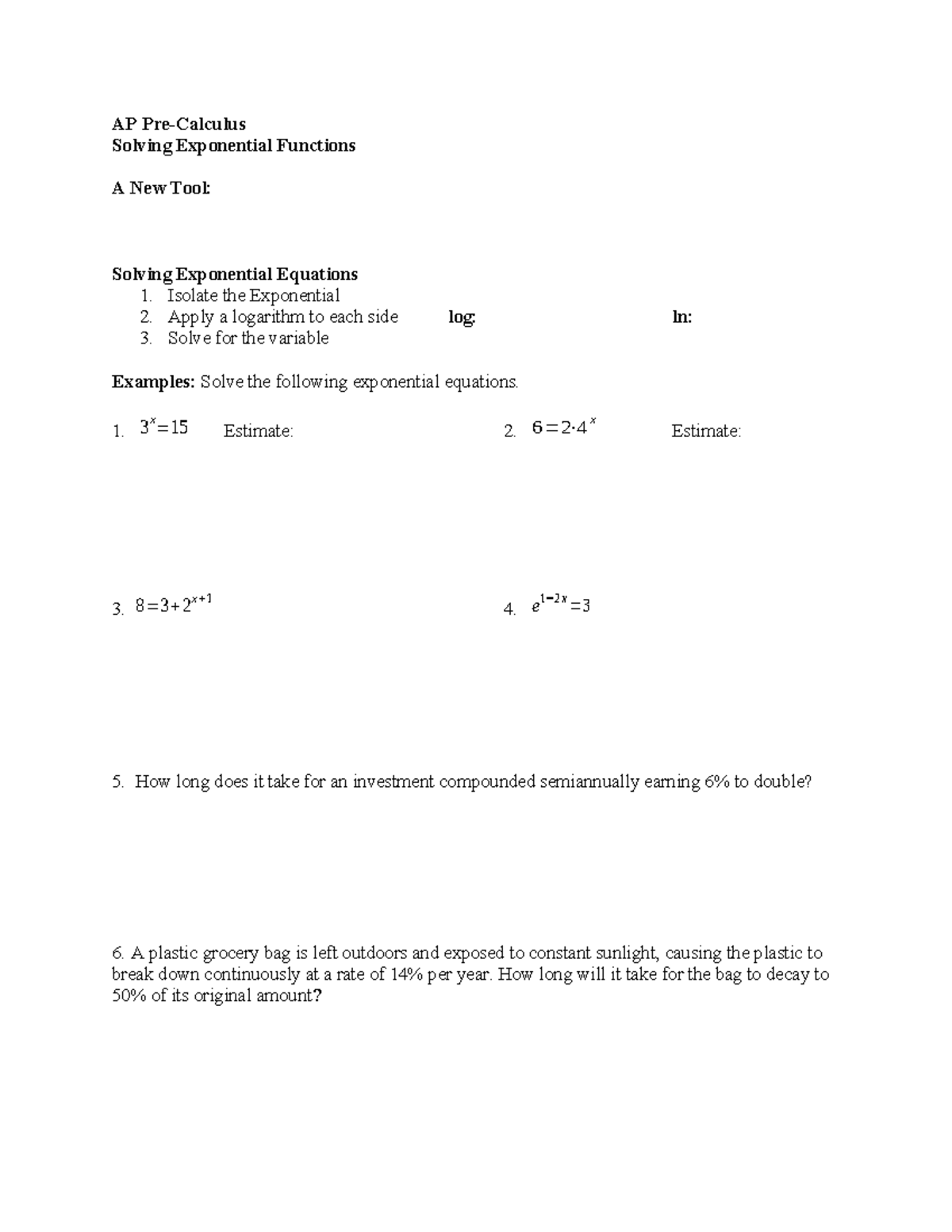 AP Solving Exponential Functions: Using Logs to Solve Notes - Studocu