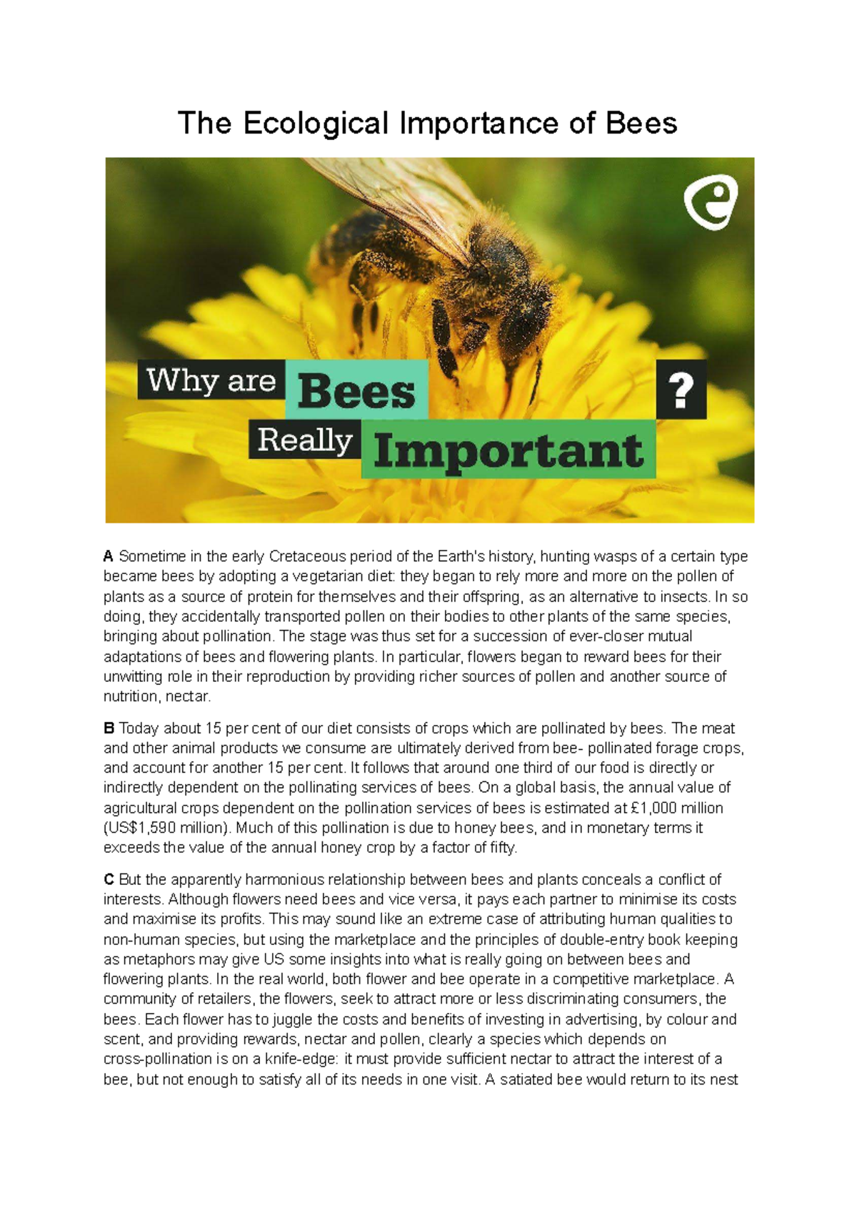 The Ecological Role of Bees in Pollination and Food Production - Studocu