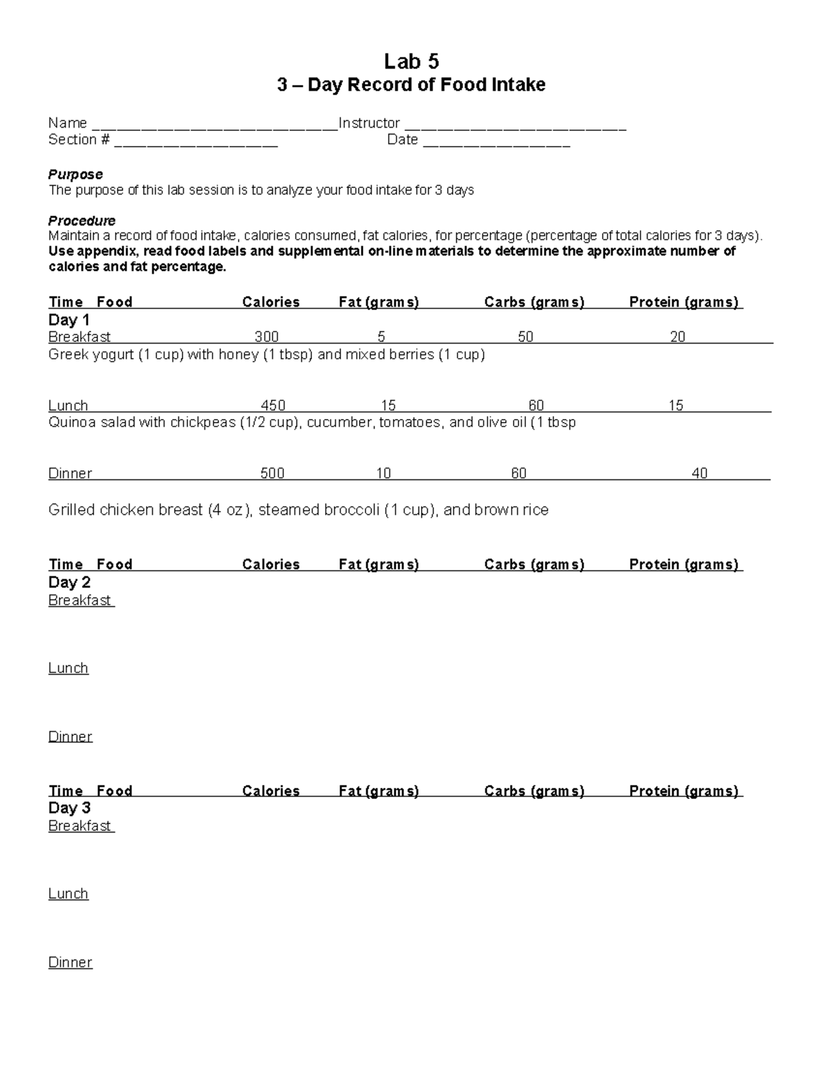 Lab 5 - 3-Day Food Intake Record and Analysis 2023 - Studocu