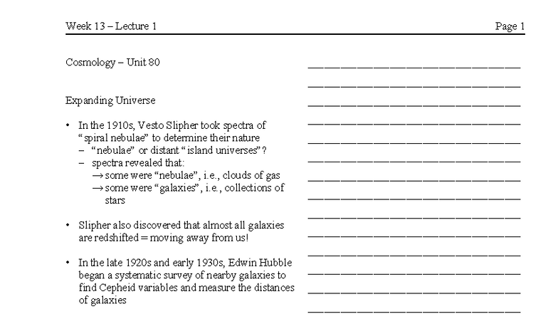 Week 13 Lecture 1: Expanding Universe - Cosmology Unit 80 Notes - Studocu