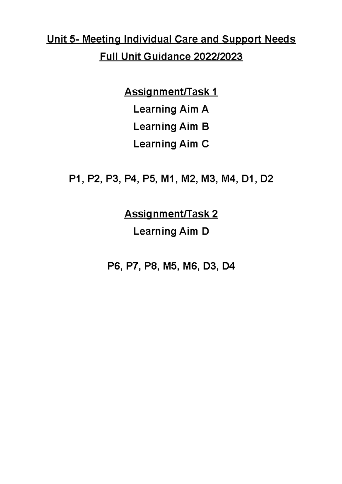 Unit 5 Assignment Guidance: Meeting Individual Care Needs 2022 - Studocu