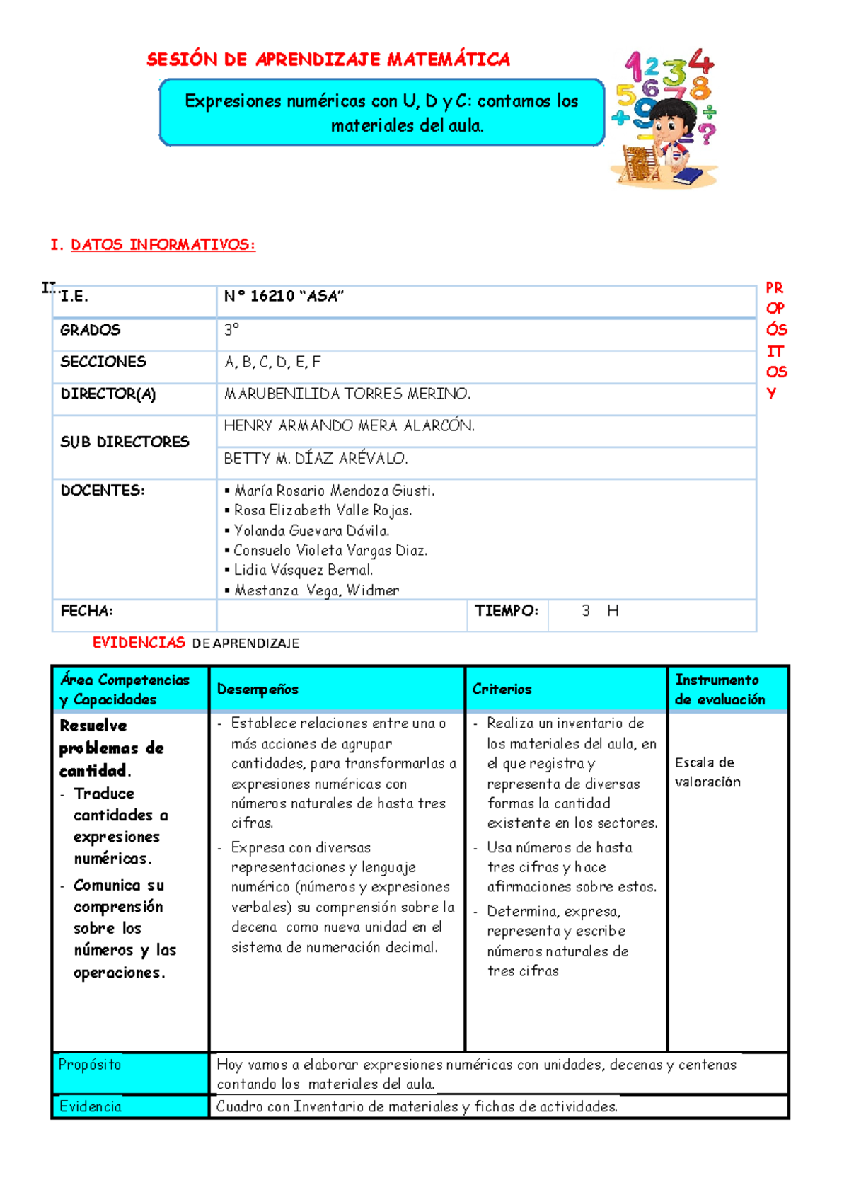 Matemática - sesion de clase - SESIÓN DE APRENDIZAJE MATEMÁTICA I. DATOS INFORMATIVOS: II. PR OP ...