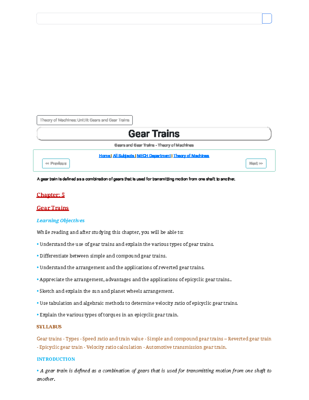 Theory of Machines MECH: Unit II - Gears & Gear Trains Overview - Studocu