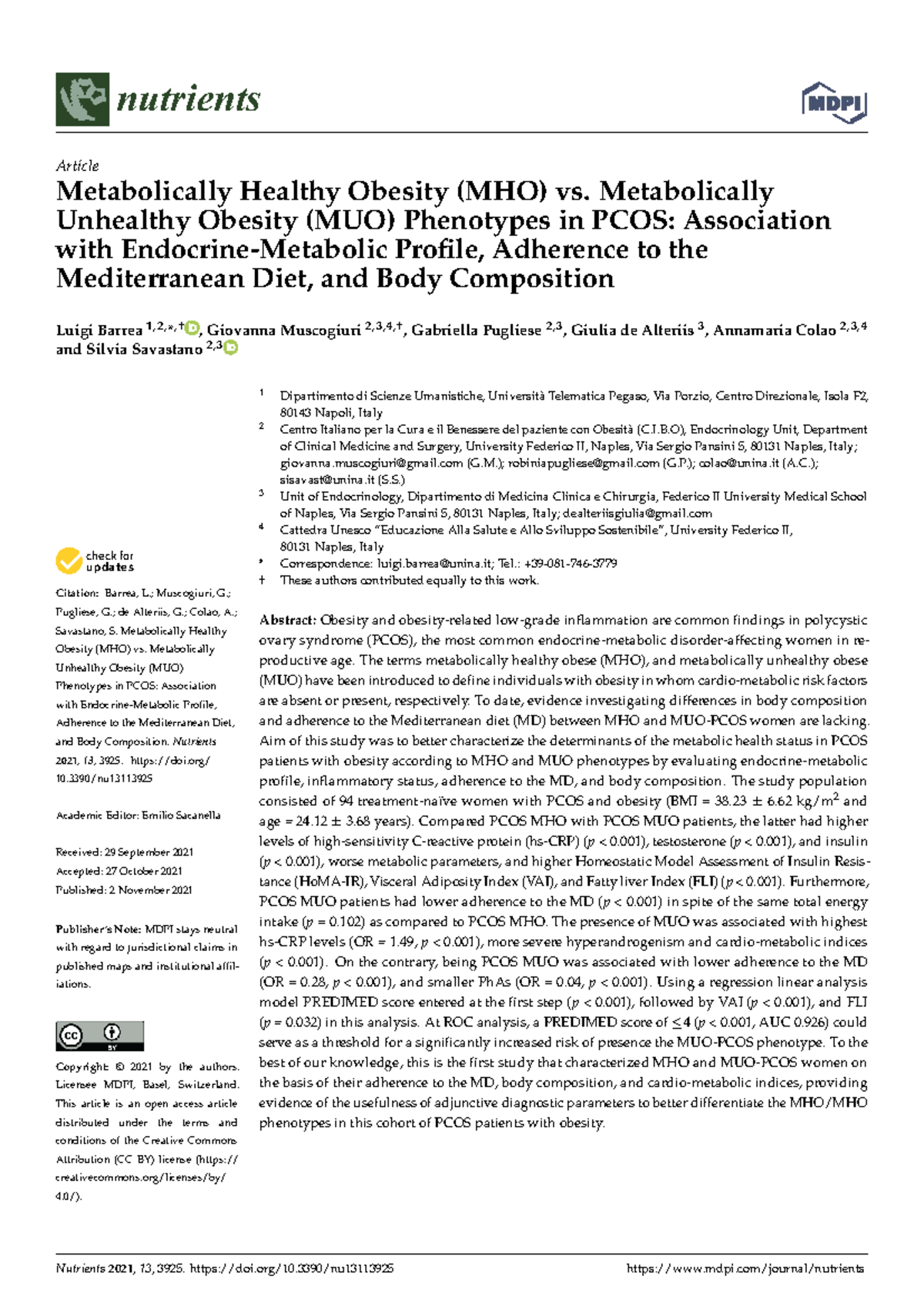 MHO vs. MUO in PCOS: Impact on Metabolic Health and Mediterranean Diet ...