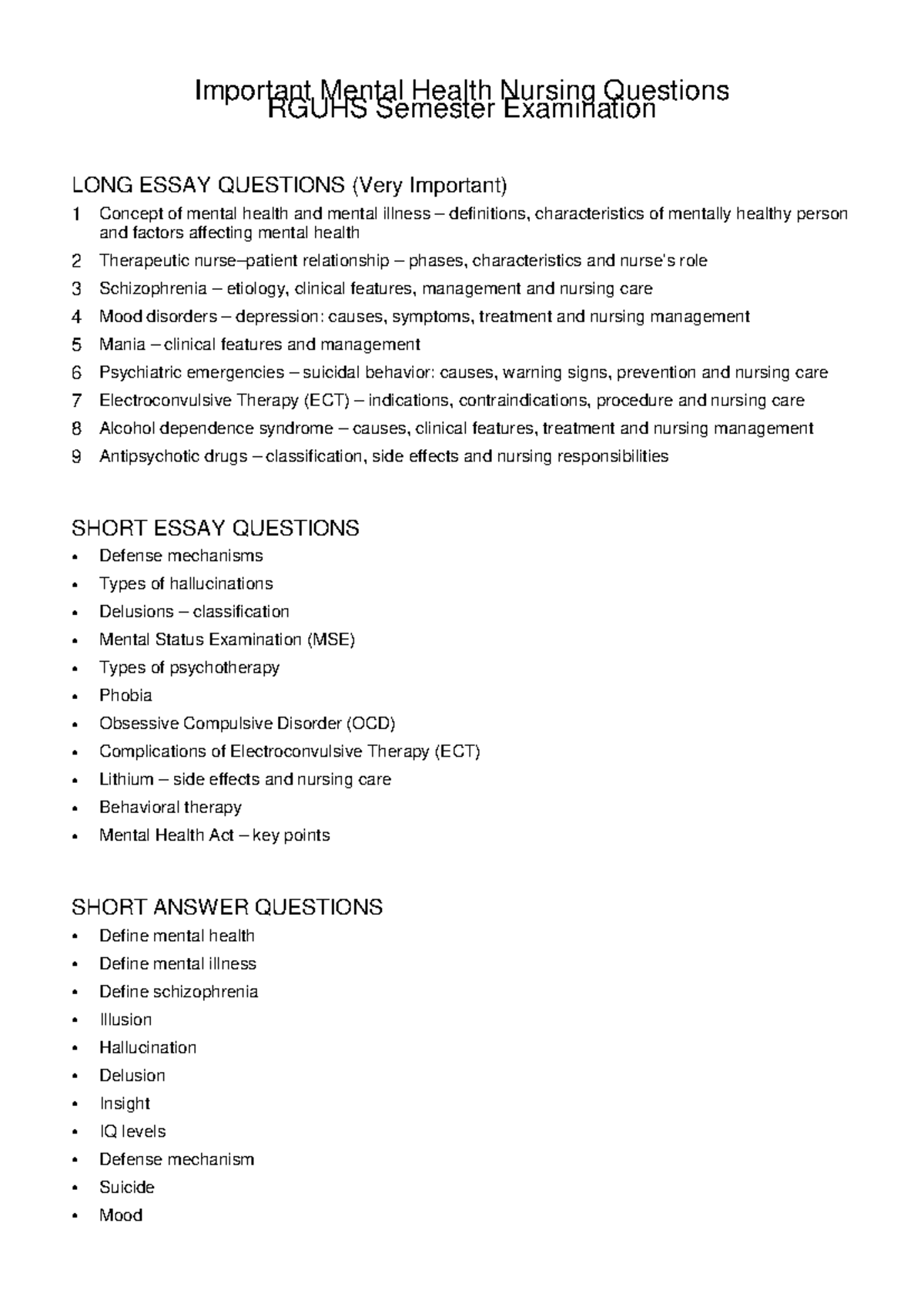 Mental Health Nursing Important Questions RGUHS Semester Exam - Studocu