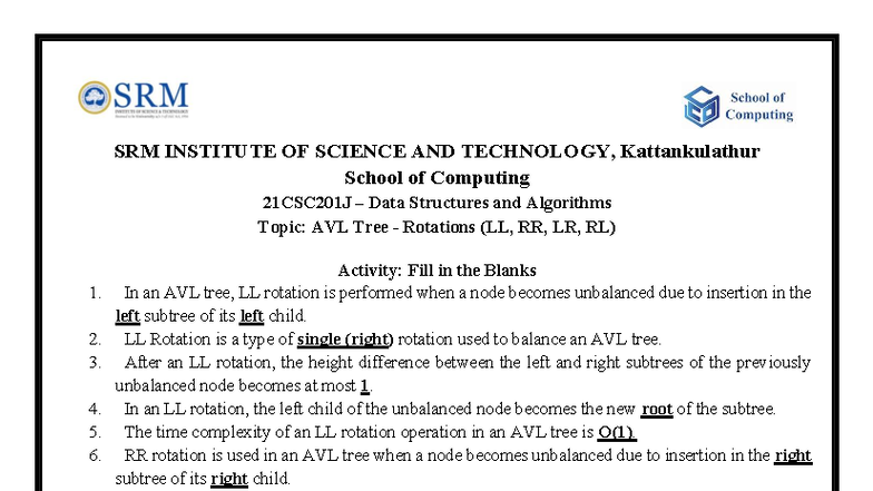 21CSC201J AVL Tree Rotations: LL, RR, LR, RL Explained - Studocu