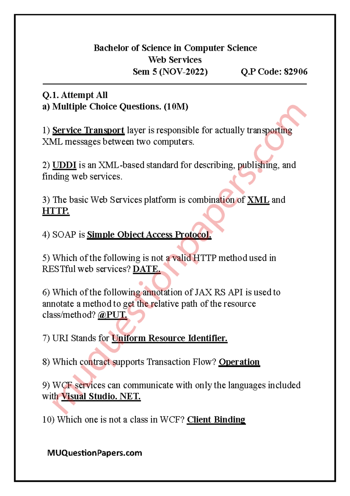 BSc Computer Science Sem 5 Nov 2022 Elective II: Web Services QP 82906 - Studocu