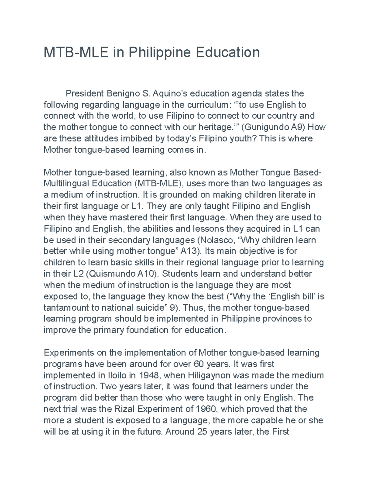 MTB-MLE: Enhancing Philippine Education Through Mother Tongue - Studocu