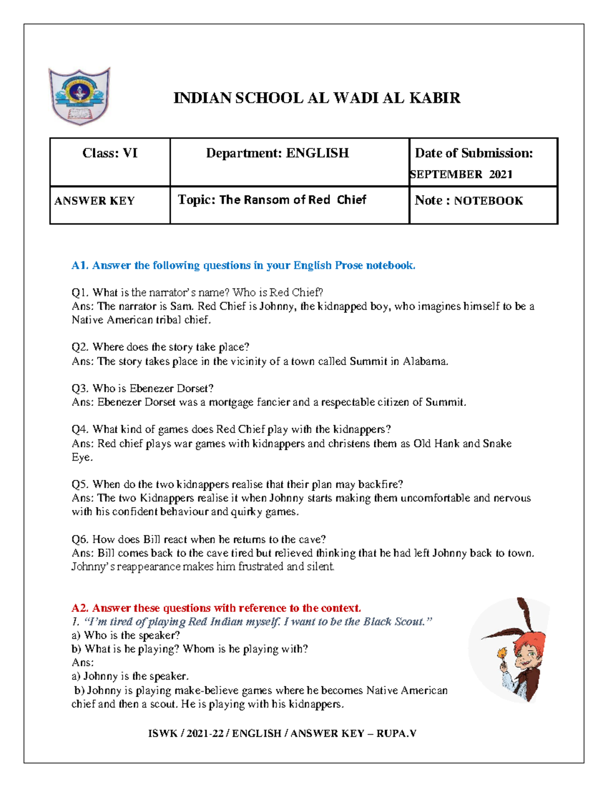 9171895-Answer Key for The Ransom of Red Chief - Class VI - Studocu