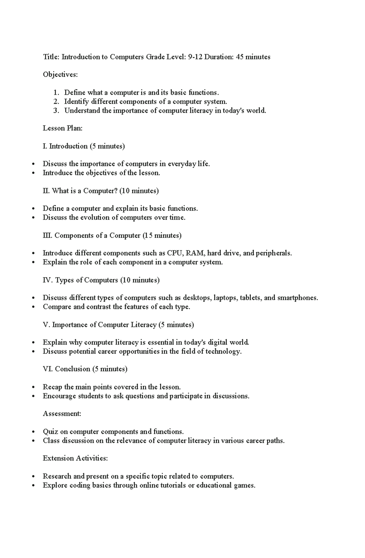 Lesson Plan: Intro to Computers (Grade 9-12) - 45 Min Overview - Studocu