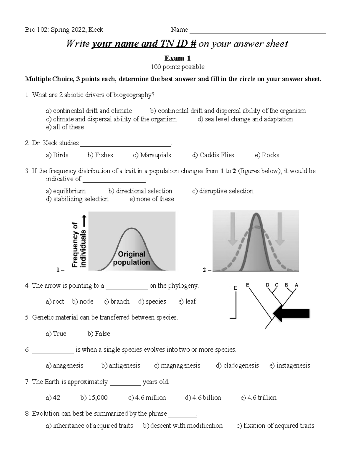 Bio102 Spring 2022 Exam 1 Answers and Key - Studocu