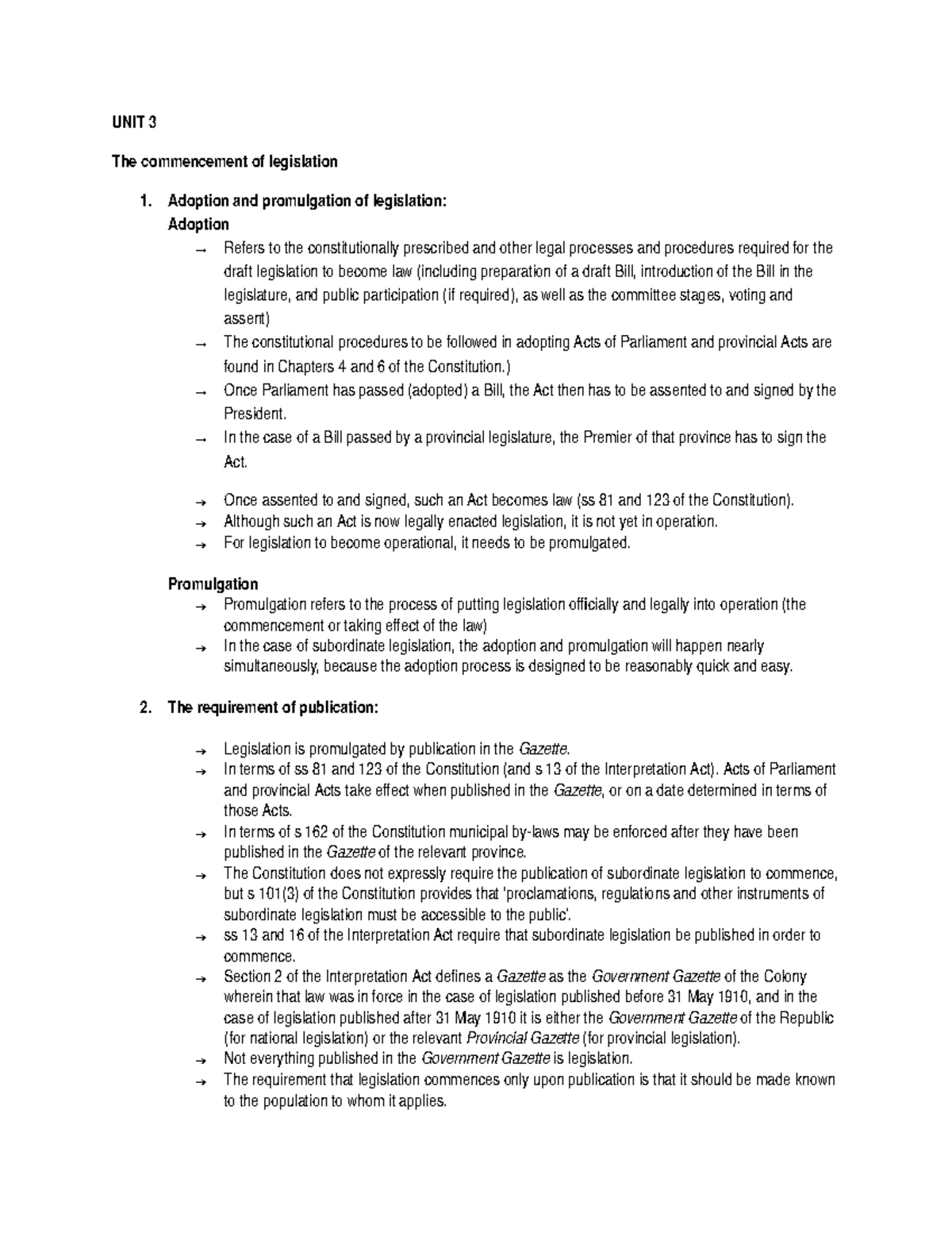 IOS2601 - UNIT 3 - LEGISLATION ADOPTION AND PROMULGATION SUMMARY - Studocu