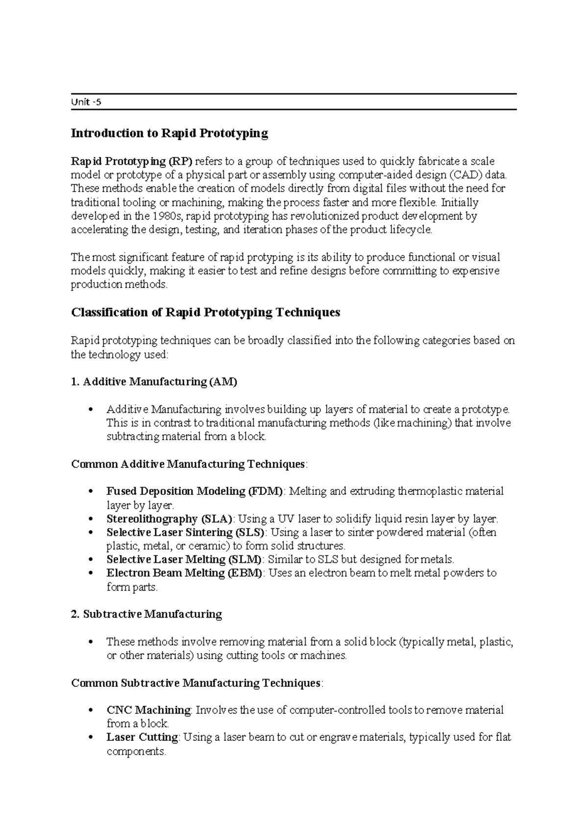 Unit-V - notes - Unit - Introduction to Rapid Prototyping Rapid ...