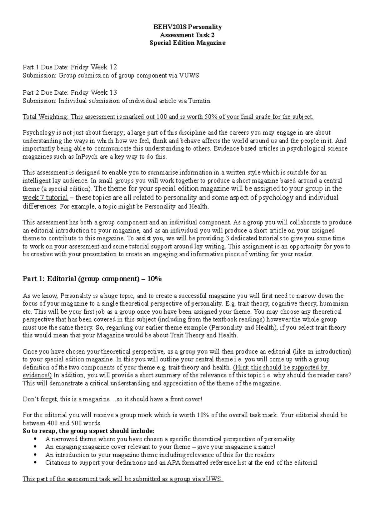 BEHV2018 Personality Assessment Task 2: Magazine Project Overview and ...