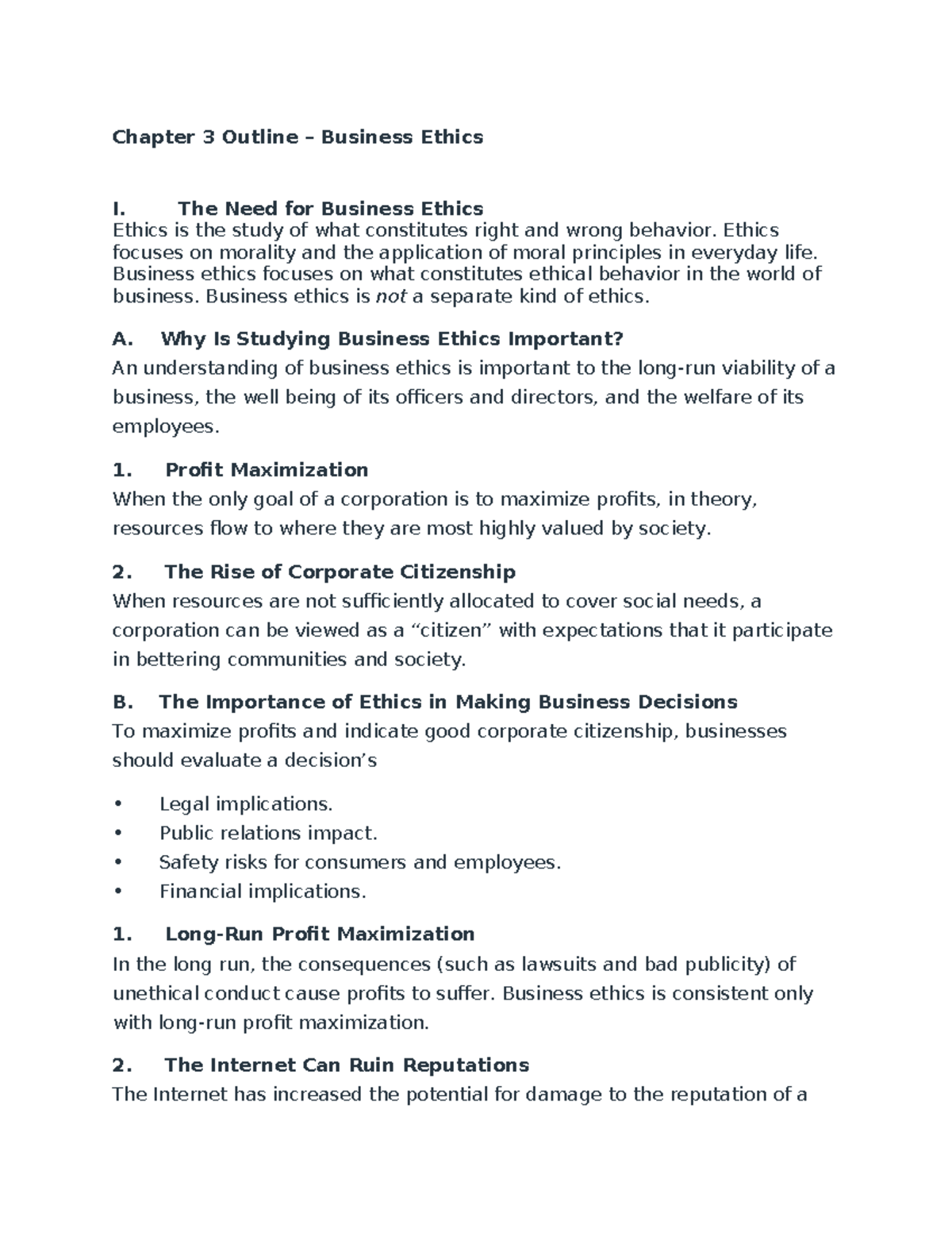 Chapter 3 Outline: Understanding Business Ethics & Social ...