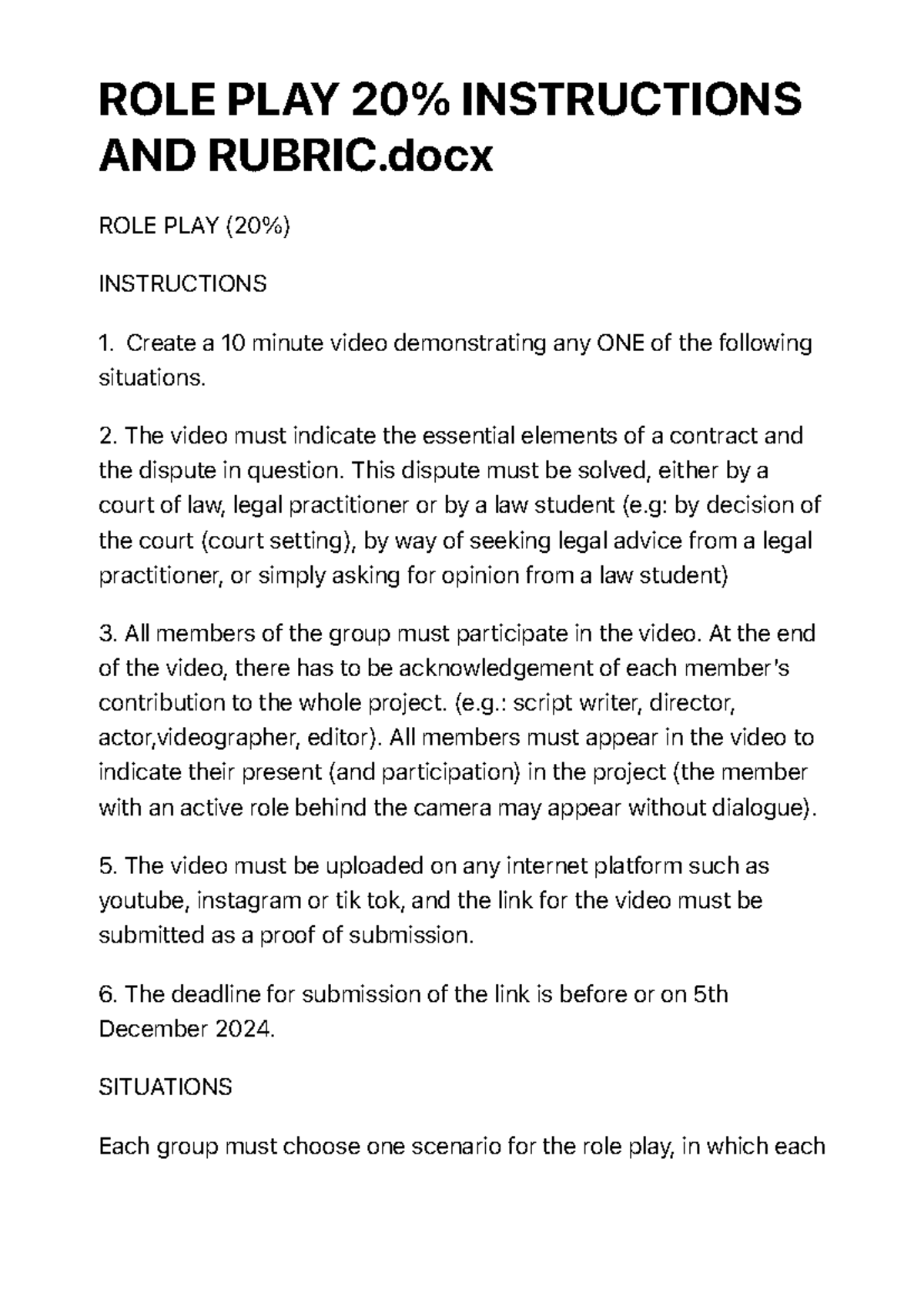 Role Play Assignment (20%): Instructions and Rubric Guide - Studocu