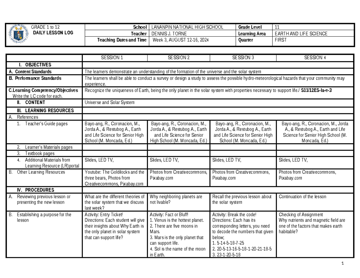 Q1 Earth AND Science WEEK 3 - GRADE 1 to 12 DAILY LESSON LOG School ...