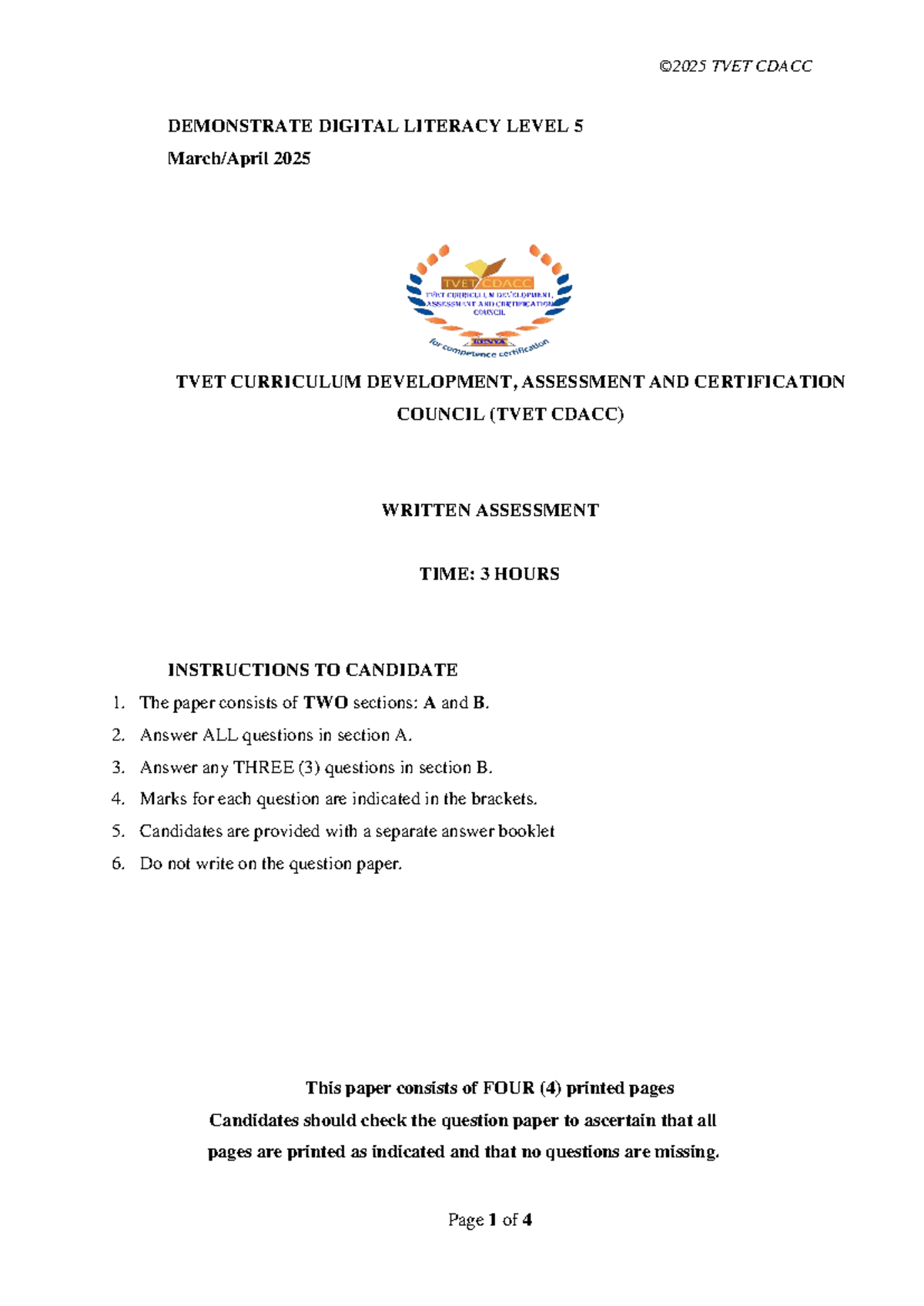 TVET CDACC Digital Literacy Level 5 Written Assessment Guide 2025 - Studocu